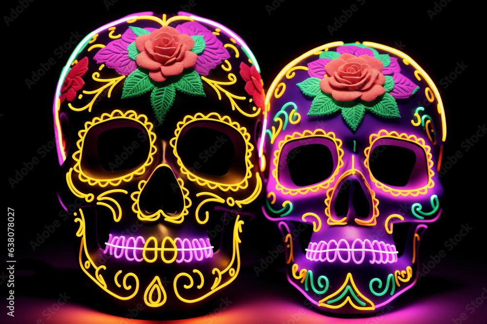 Two vivid neon calaveras on black background for Day of the Dead ...