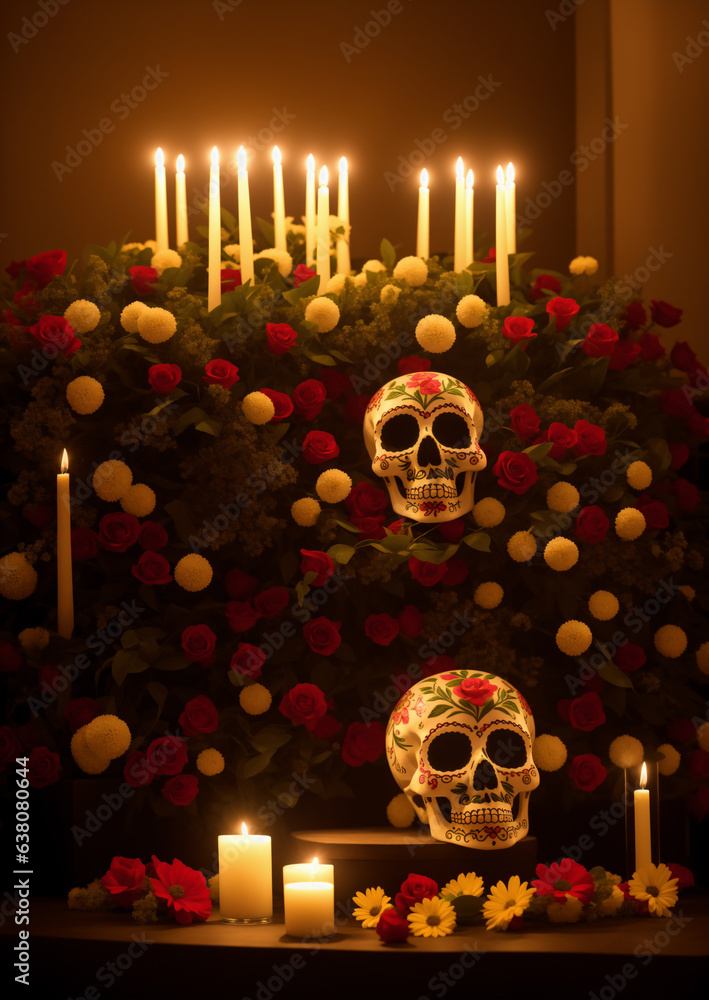 Dia de los Muertos wallpaper with Mexican skulls near ofrenda altar ...
