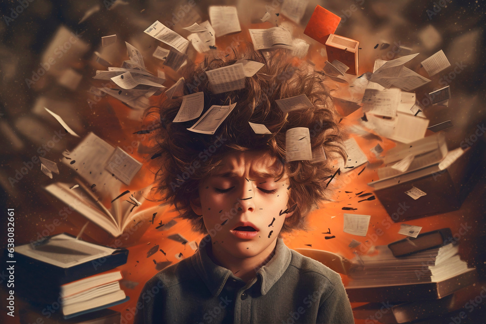 Child overwhelmed by school studies. Elementary school boy with too ...