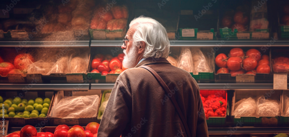 Senior man doing her grocery shopping in a supermarket. Retired old man ...