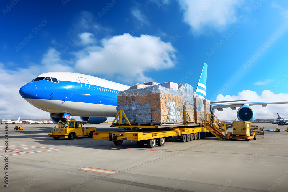 Cargo airplane being loaded with goods at an airport. Stock Photo ...