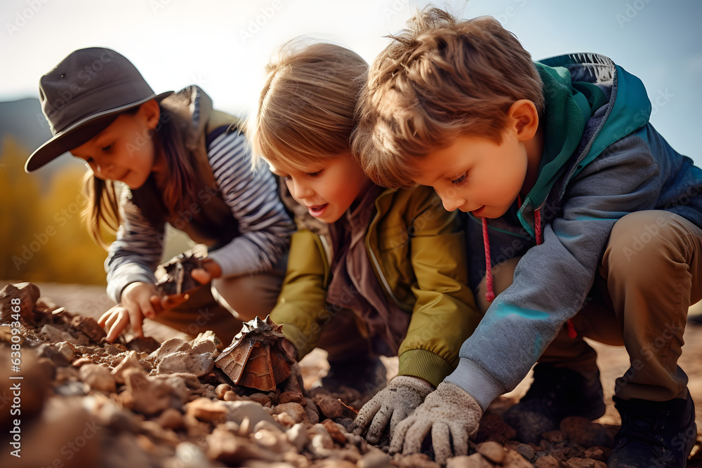 Kids digging for fossils under the guidance of a paleontologist on an ...