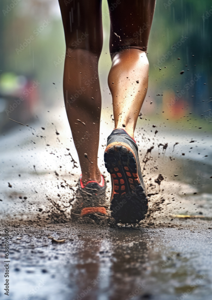 Young woman running in rainy weather, water and mud splashes as her ...
