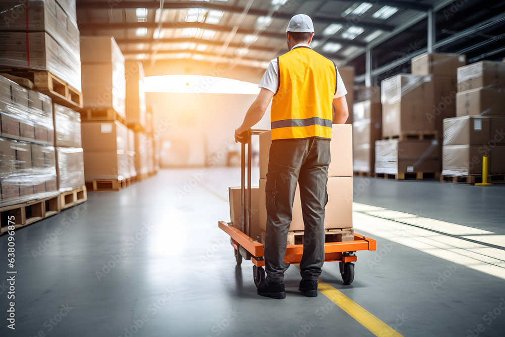Warehouse worker pulling a cart loaded with boxes for shipping. High ...
