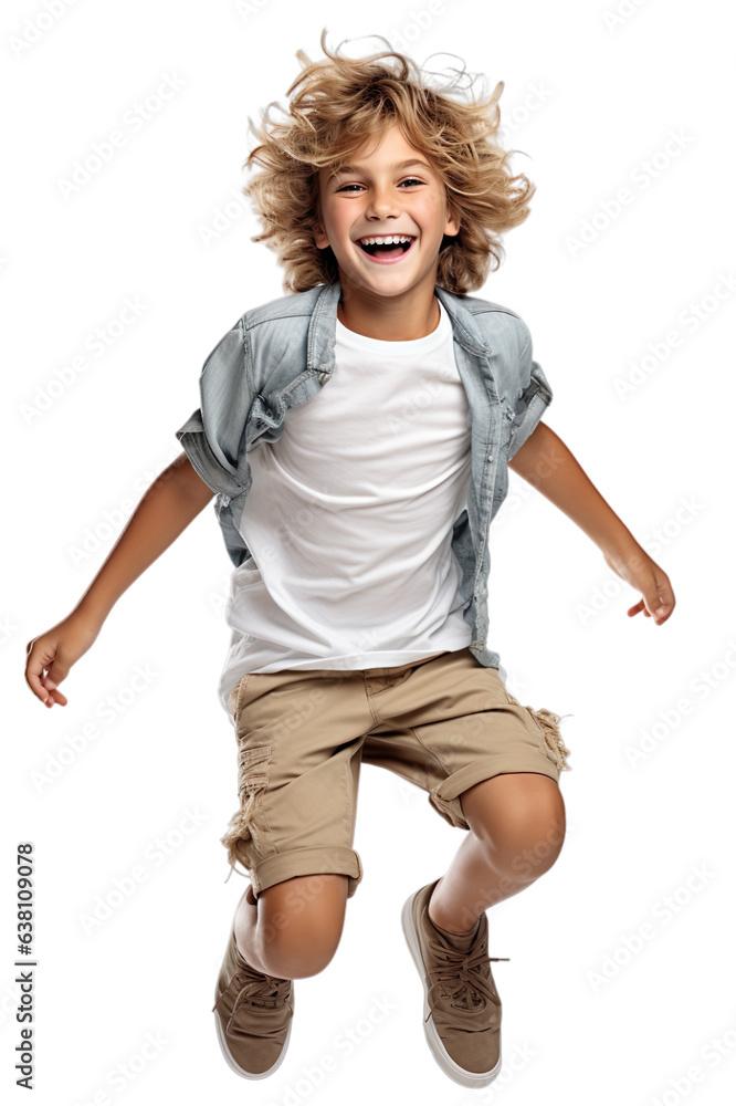 Boy happiness childhood freedom movement jumping in air wearing casual ...