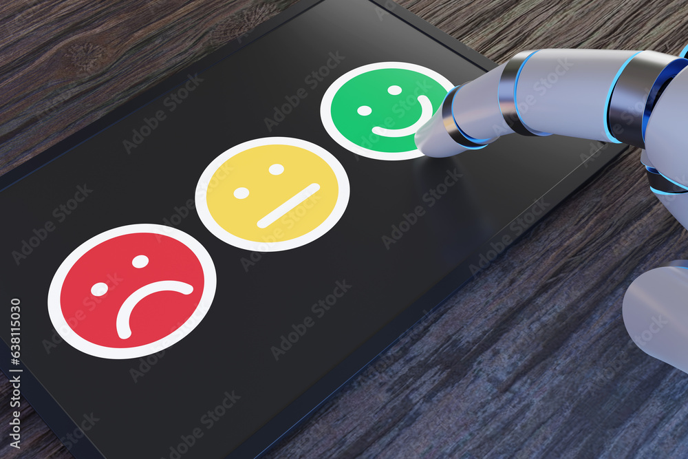 Artificial intelligence powered robotic hand pointing at the smiling ...