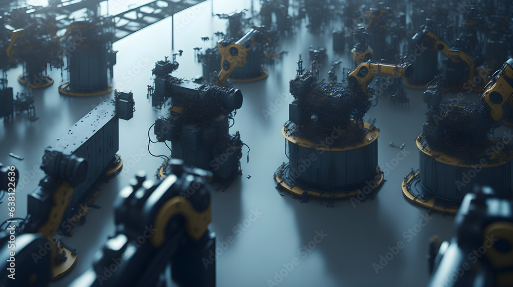 Portraying a bustling industrial factory floor where automated robots ...