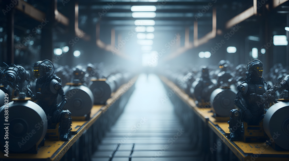 Portraying a bustling industrial factory floor where automated robots ...
