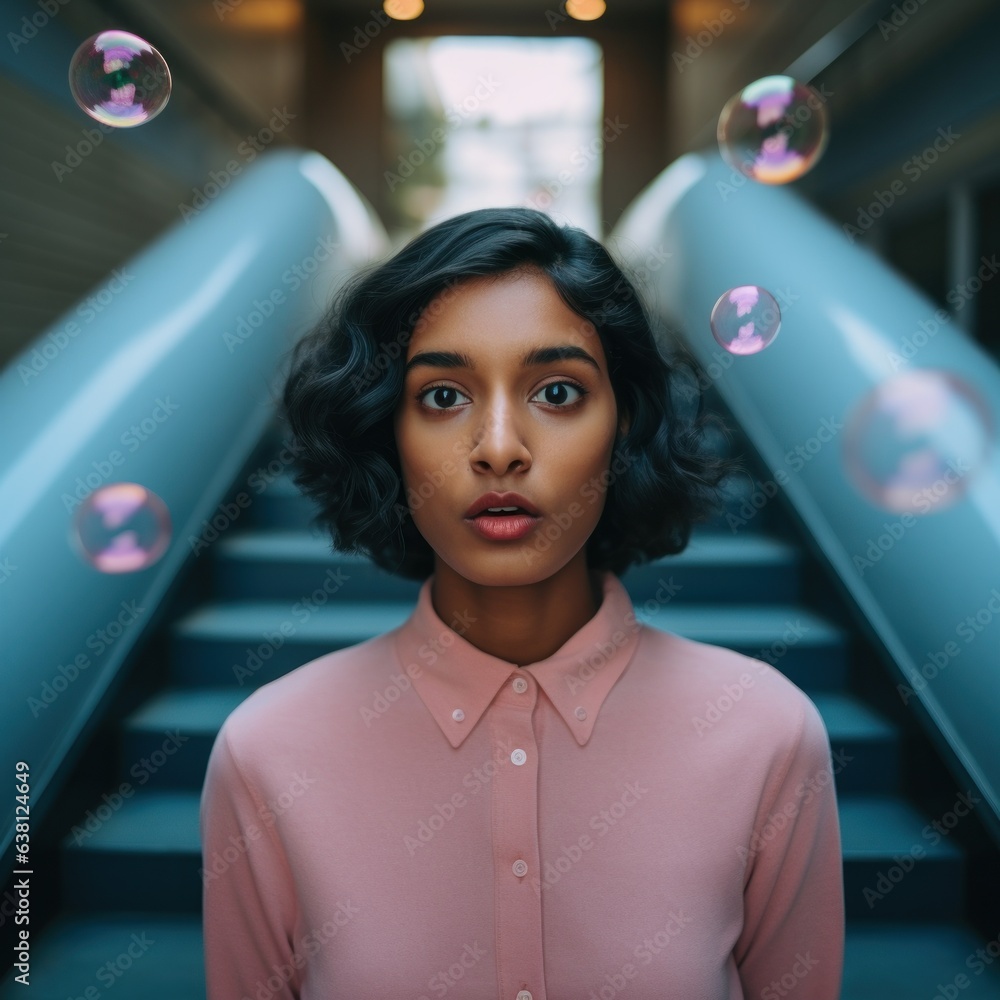 A young Indian girl with a mischievous grin blows a bubblegum bubble in ...