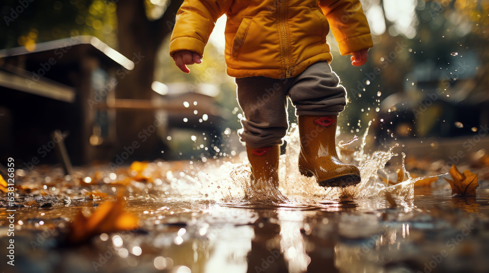 Toddler in Puddle: A toddler in a fleece onesie stomps joyfully in a ...