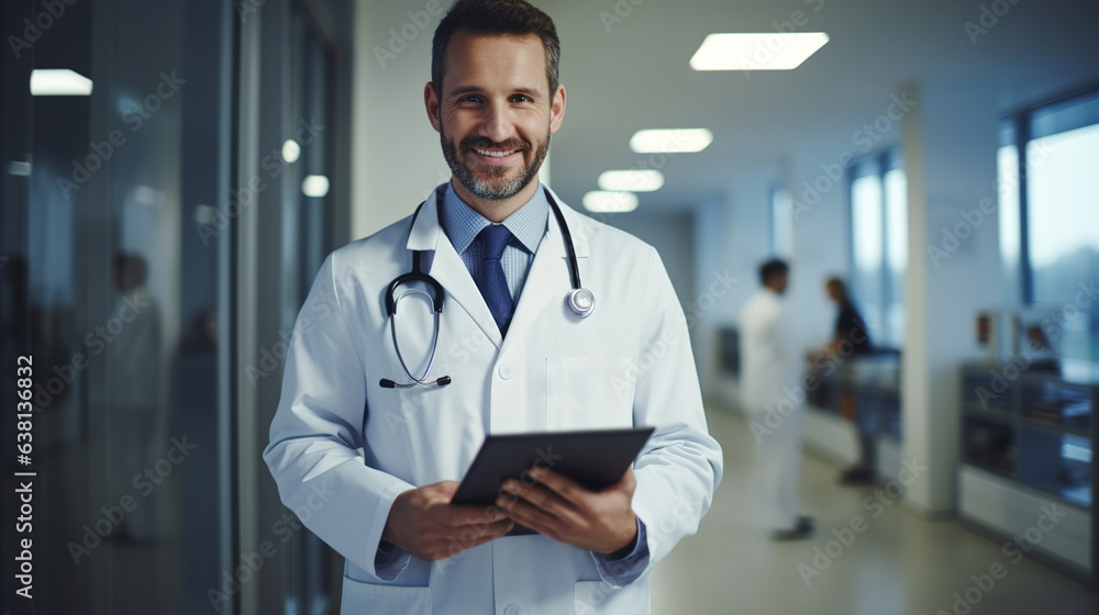 Portrait of a friendly middle-aged European doctor in overalls with a ...