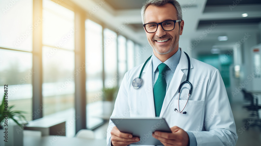 Portrait of a friendly middle-aged European doctor in overalls with a ...