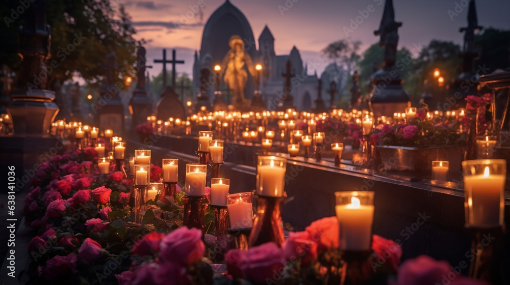 Wszystkich Świętych. Znicze na cmentarzu wśród róż, innych kwiatów i ...
