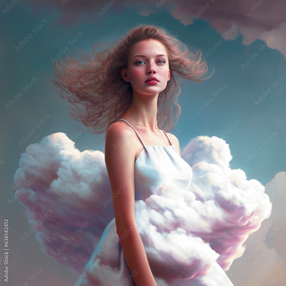 Gorgeous girl wearing a light dress while wind is blowing her hair. Sky ...