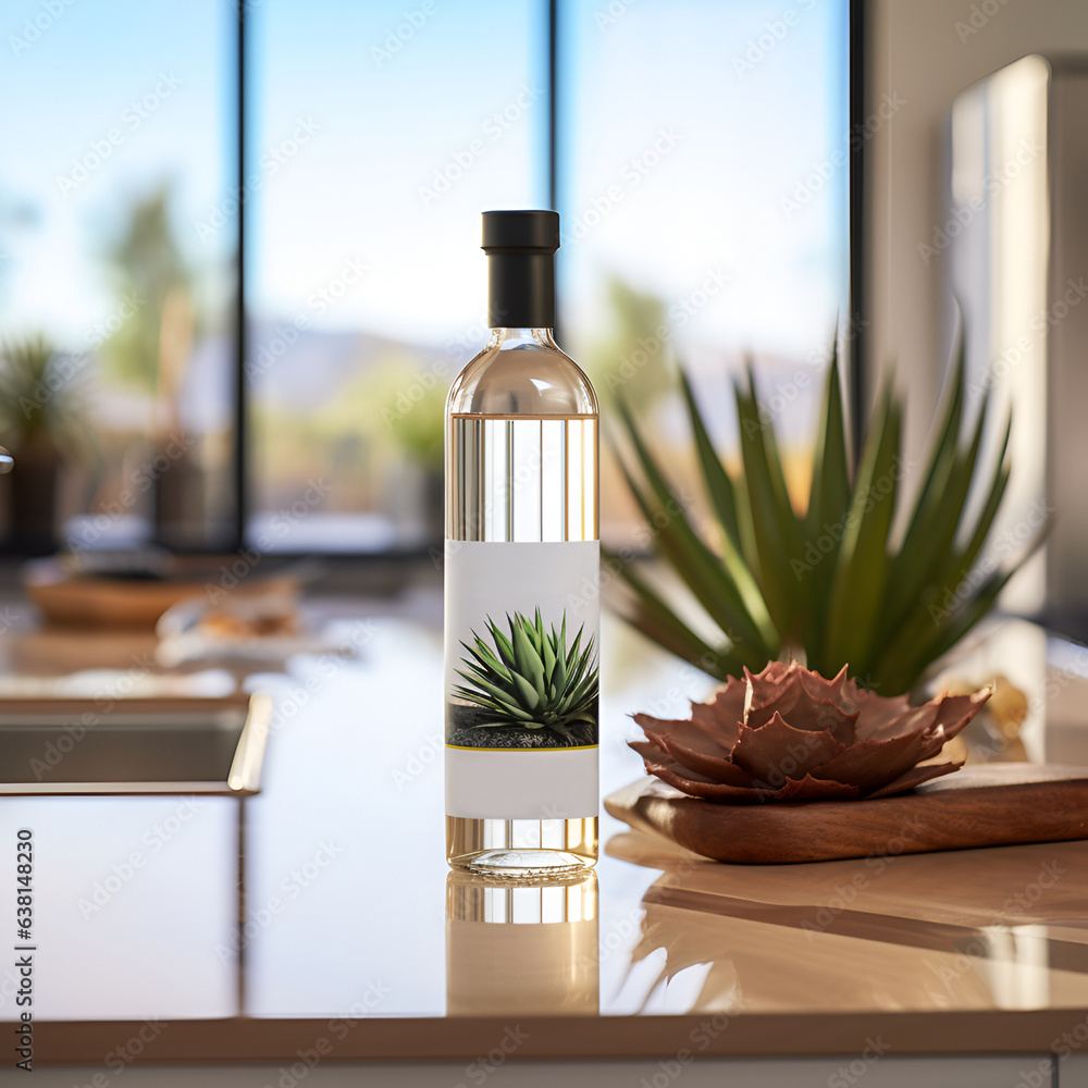 Agave syrup natural sweetener in a glass bottle on a table of a modern ...