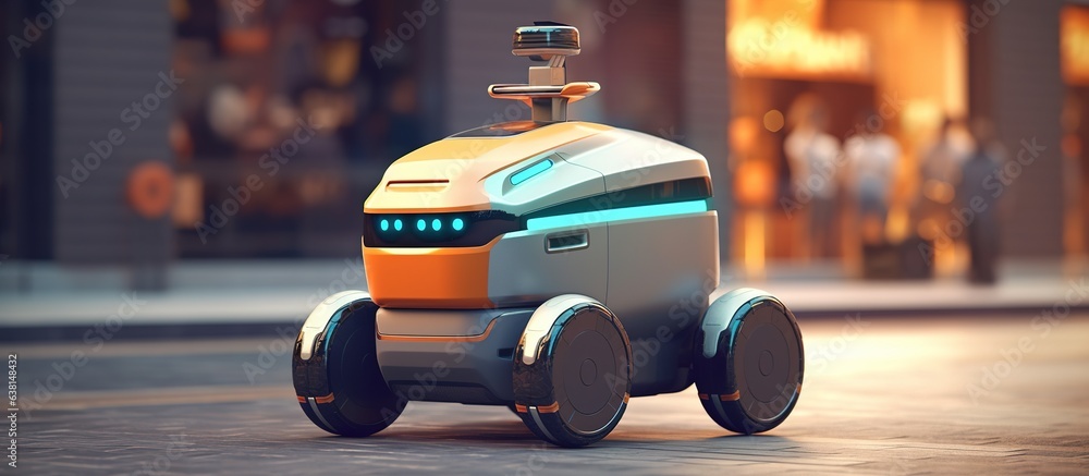 Autonomous delivery robot driverless on city street. Concept of future ...