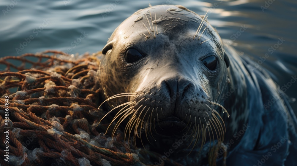 seal ensnared in a fishing net, a stark example of marine life ...