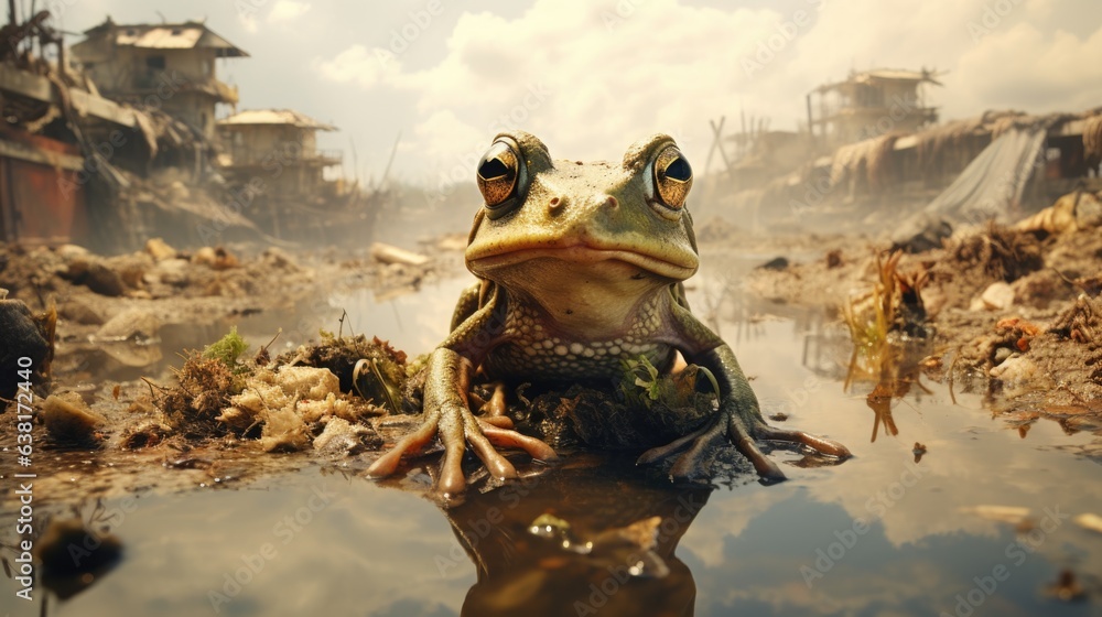 frog in a polluted pond, signifying the issue of freshwater pollution ...