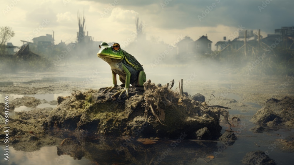 frog in a polluted pond, signifying the issue of freshwater pollution ...