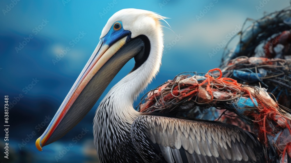 pelican with plastic rings around its beak, symbol of ocean pollution ...