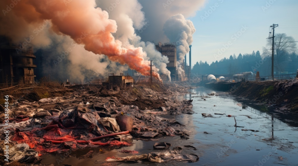 river overrun by industrial waste, a display of water pollution ...