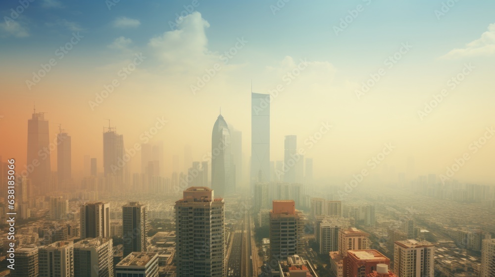 cityscape with clear sky versus smog-filled sky, illustrating the ...