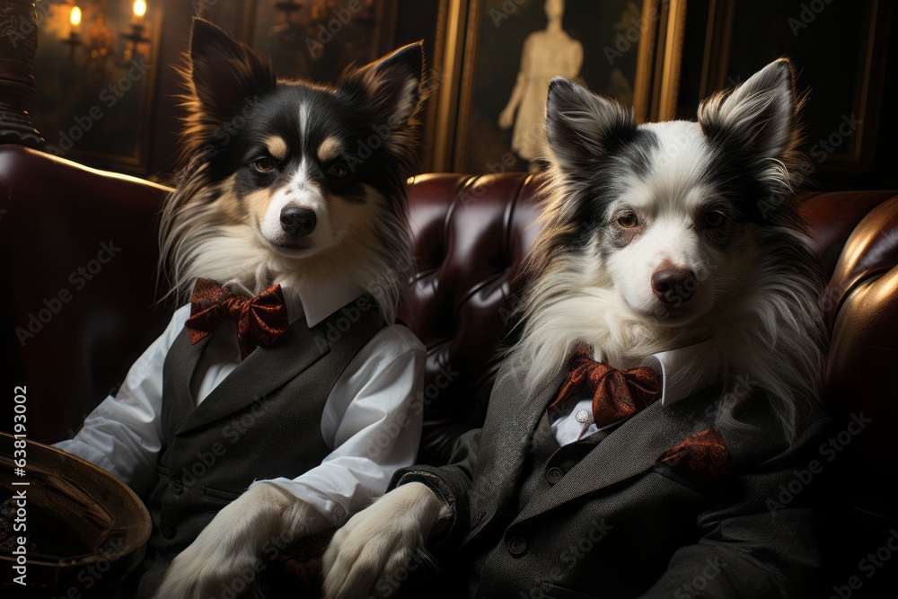 Two dogs, clad in tailored coats and suits, exude an unmatched elegance ...