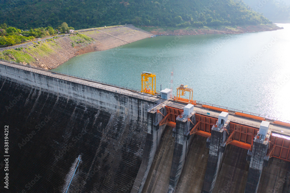 Aerial view of dam tower crane. Reservoir and sea water in recycle ...