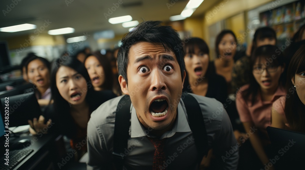 A group of people comically horrified and screaming at what they see ...