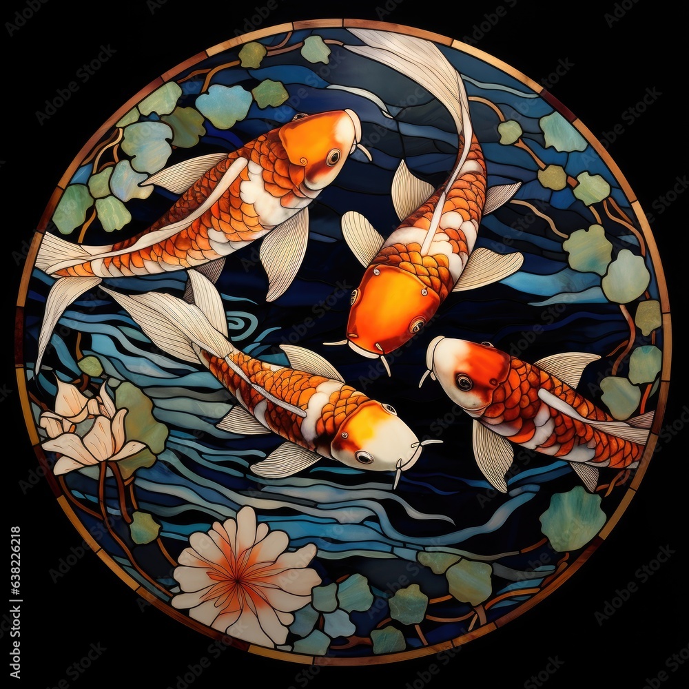 Koi fish with flowers in pond, Koi fish in pond, Stained glass koi fish ...