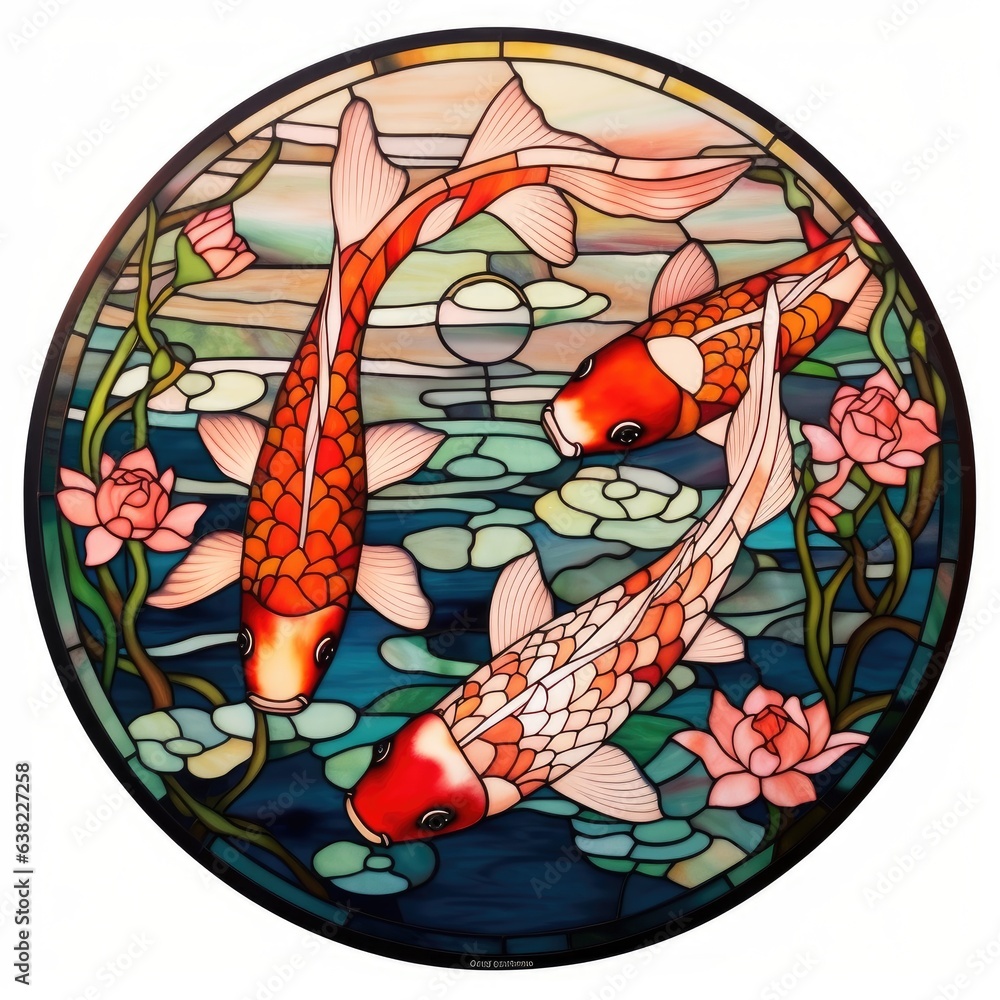 Koi fish with flowers in pond, Koi fish in pond, Stained glass koi fish ...