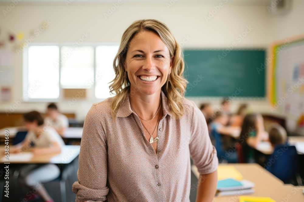 Portrait of a smiling caucasian middle school teacher teaching a ...
