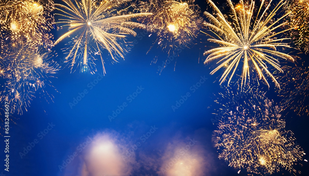 Beautiful Holiday background with fireworks. Frame of golden fireworks ...