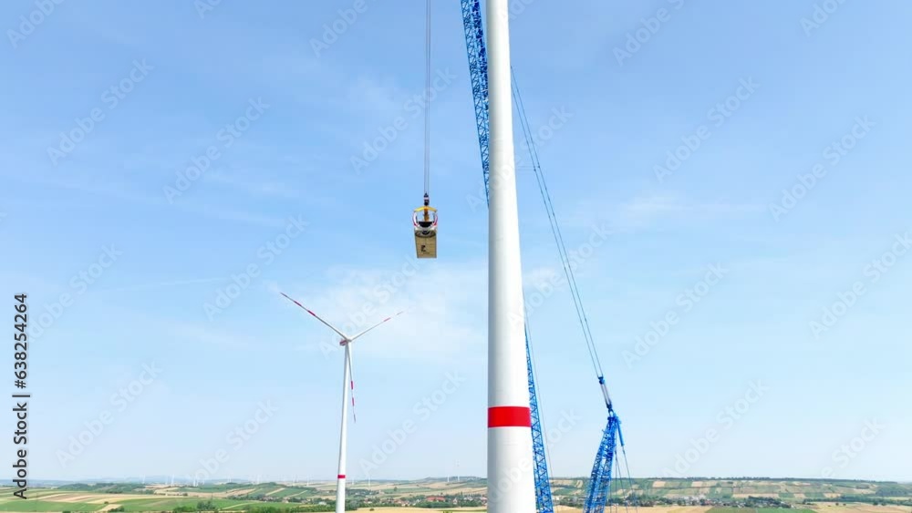 Wind Turbine Nacelle Lifted By Crawler Crane For Installation At Wind ...