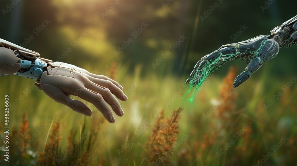 Technology and nature The idea of a robotic hand reaching out to a ...