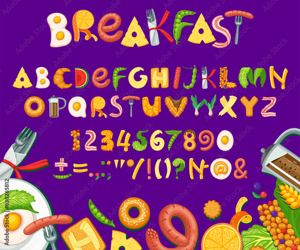 Cartoon breakfast food font, healthy type, lunch typeface, appetizing ...
