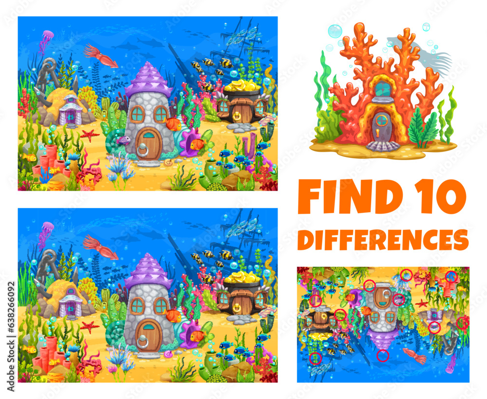 Find ten differences in underwater landscape with houses in shells ...