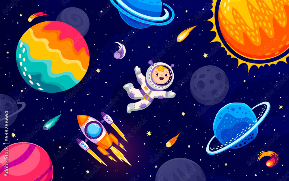 Cartoon astronaut character in outer space, galaxy planets and flying ...