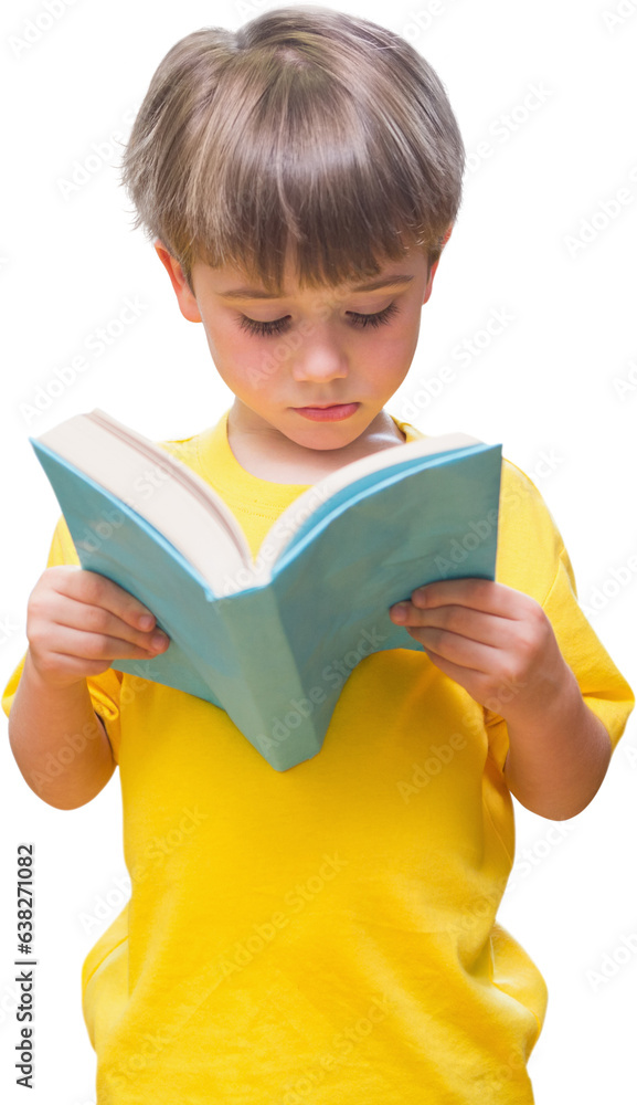 Digital png photo of caucasian boy reading book on transparent ...