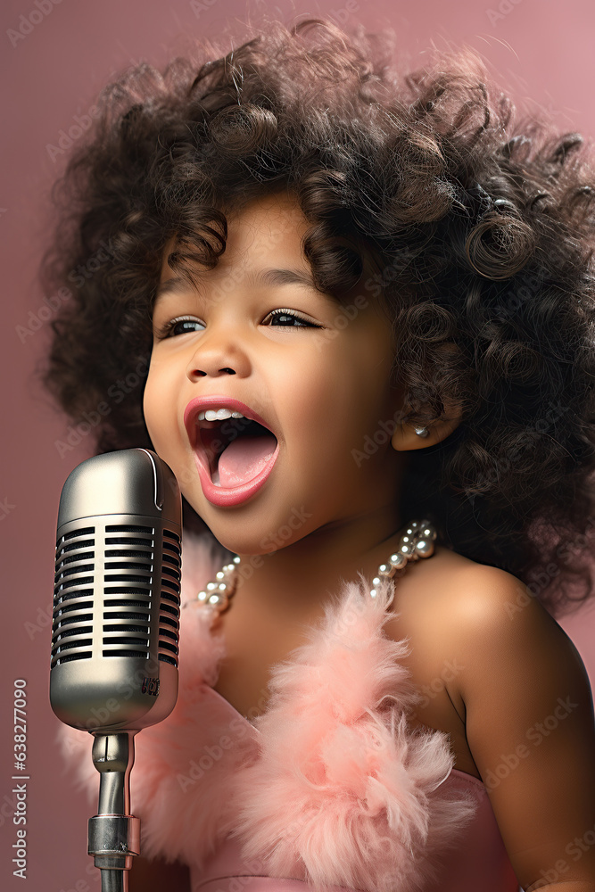 A young child stands proudly in an indoor setting, singing passionately ...