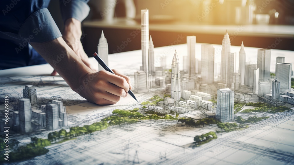 A hand sketching out a detailed blueprint for a sustainable ...