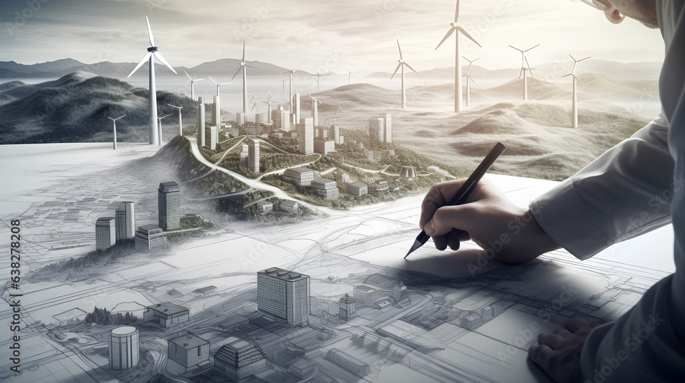 A hand sketching out a detailed blueprint for a sustainable ...