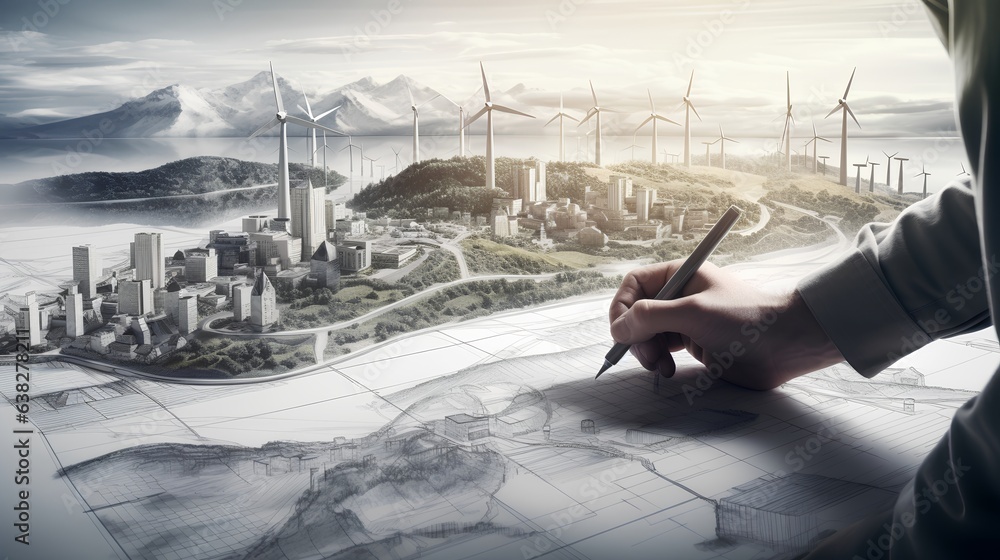 A hand sketching out a detailed blueprint for a sustainable ...