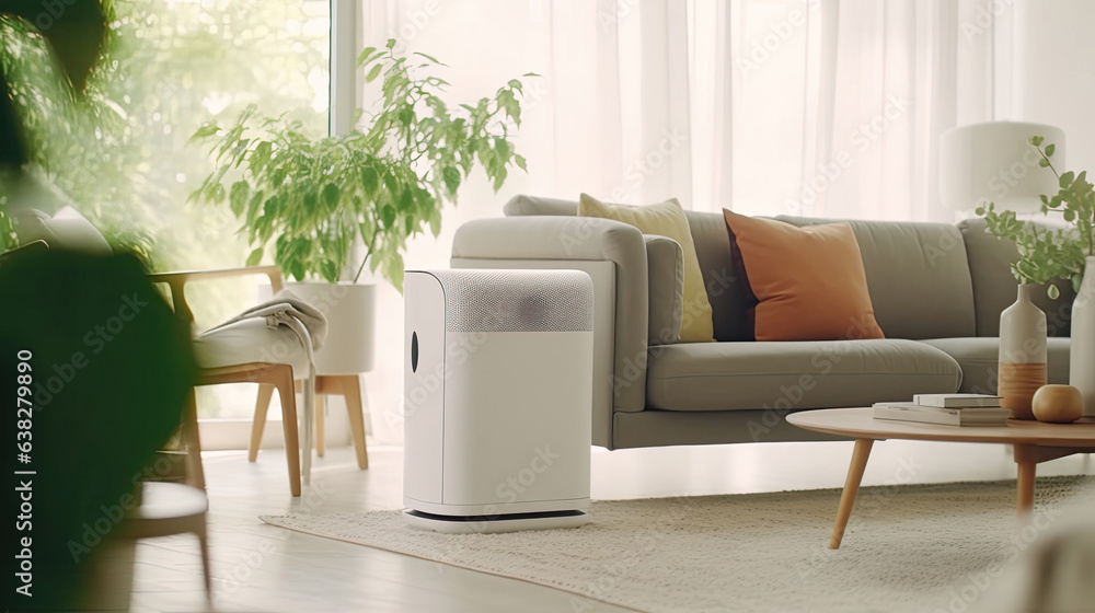 Air purifier in cozy white living room for filter and cleaning removing ...