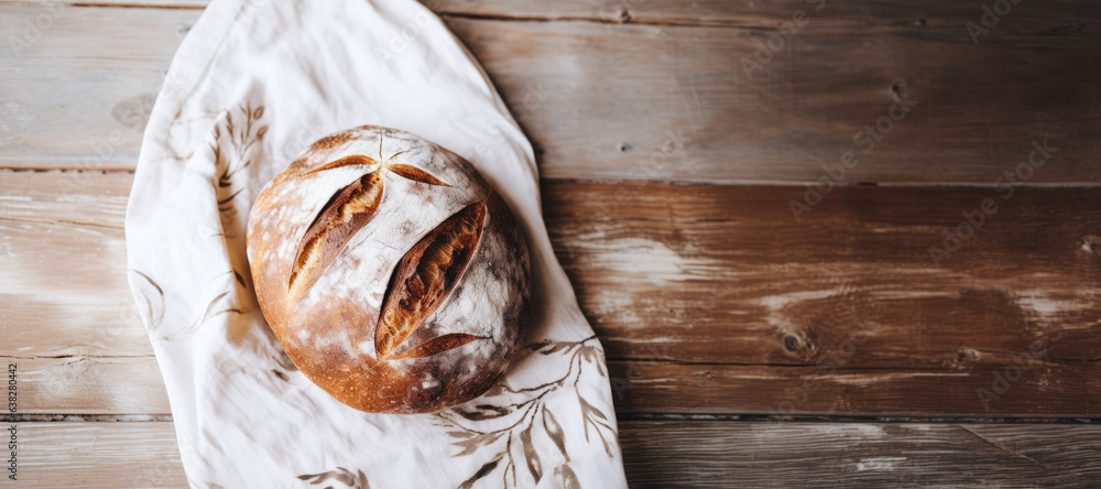Fresh bread, round rye homemade artisan bread on wooden table ...