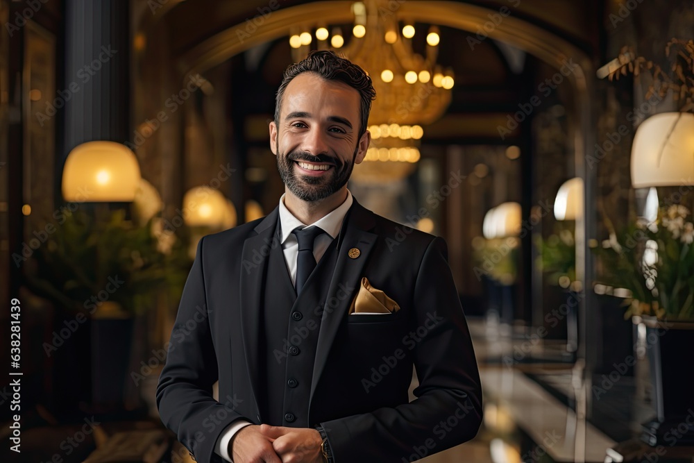 smiling concierge warmly welcoming guests at a luxurious five star ...