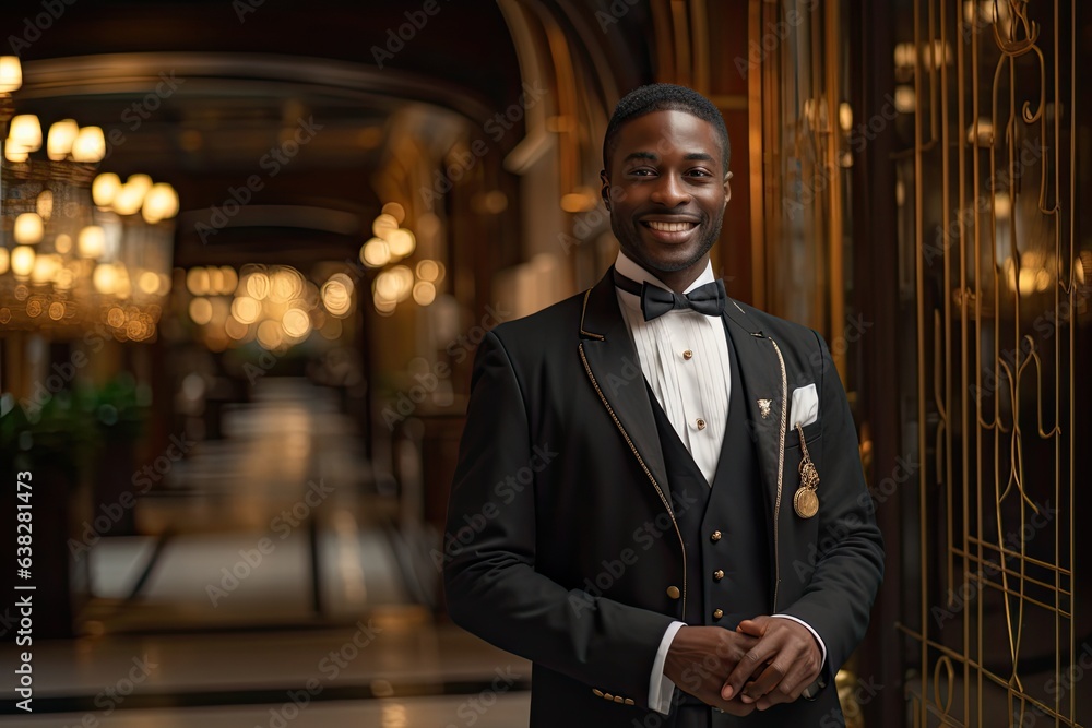 smiling concierge warmly welcoming guests at a luxurious five star ...
