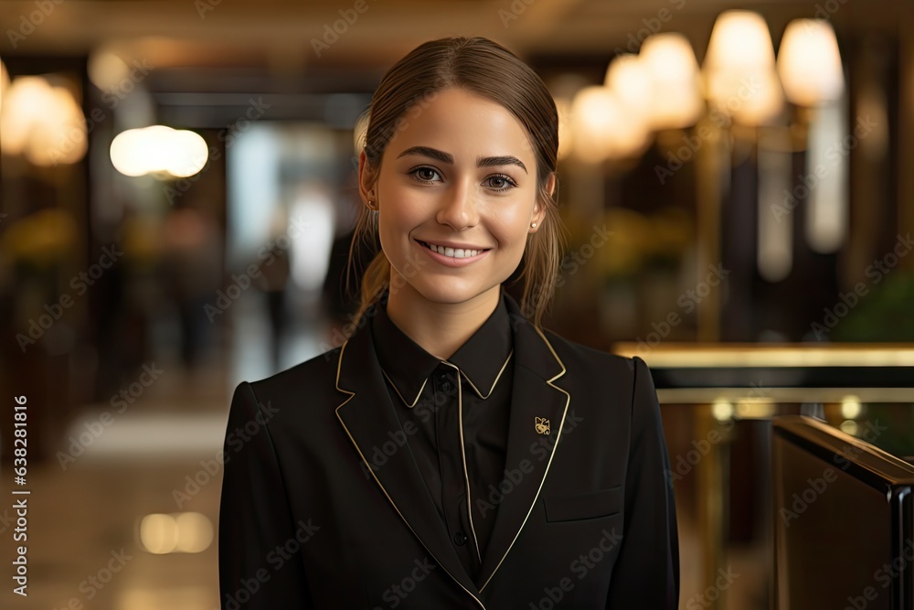 smiling female concierge warmly welcoming guests at a luxurious five ...