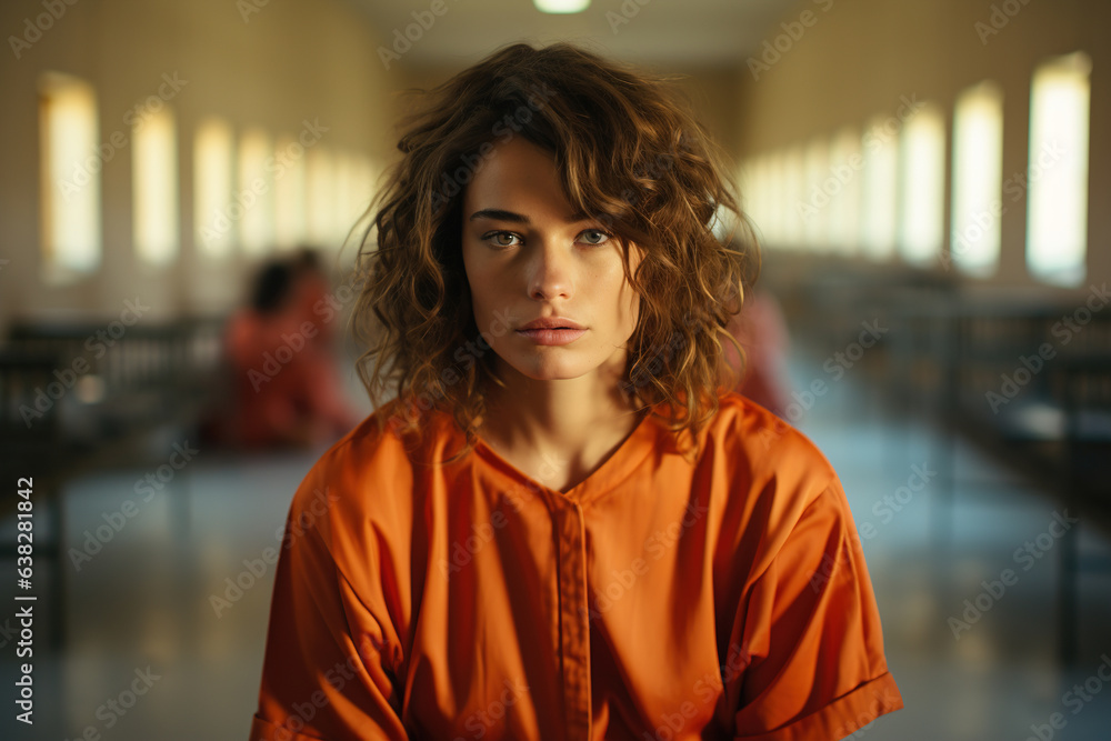 Crime, women prison, arrest social problems concept. Portrait depressed ...