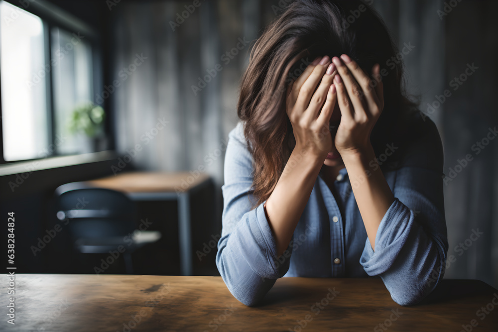Depressed young woman covering her face with her hands. Photo of a ...